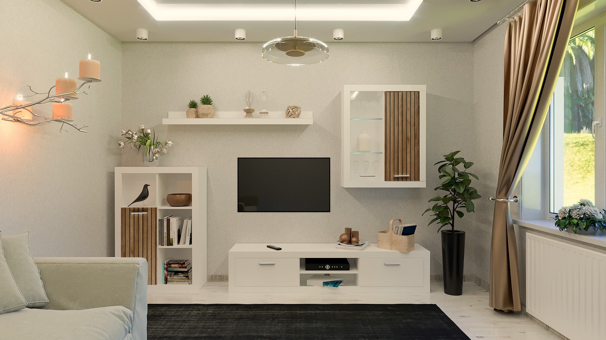 Mobilier living SUNSET, alb/stejar, PAL, 270x40x200 cm | OCEAN.ro ️